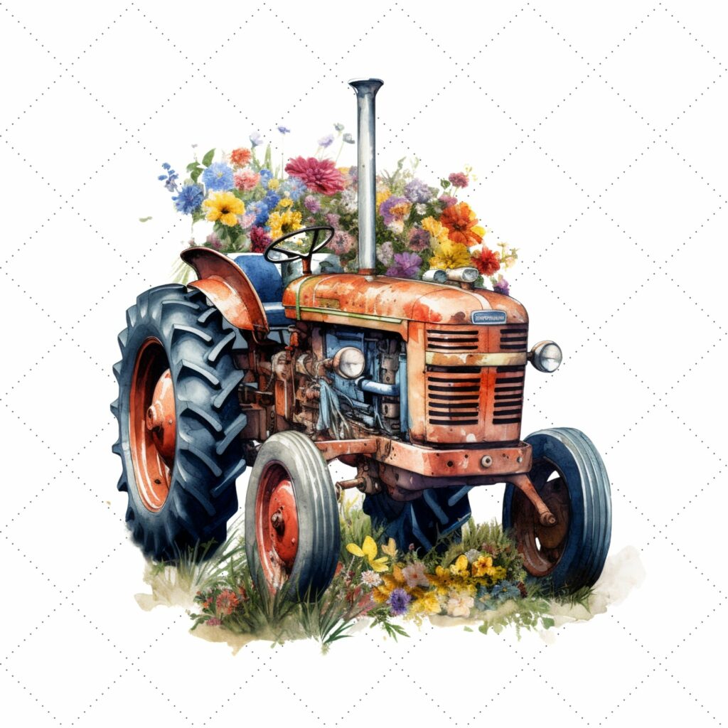 Farm Tractor Floral Watercolor Clipart Bundle - MasterBundles
