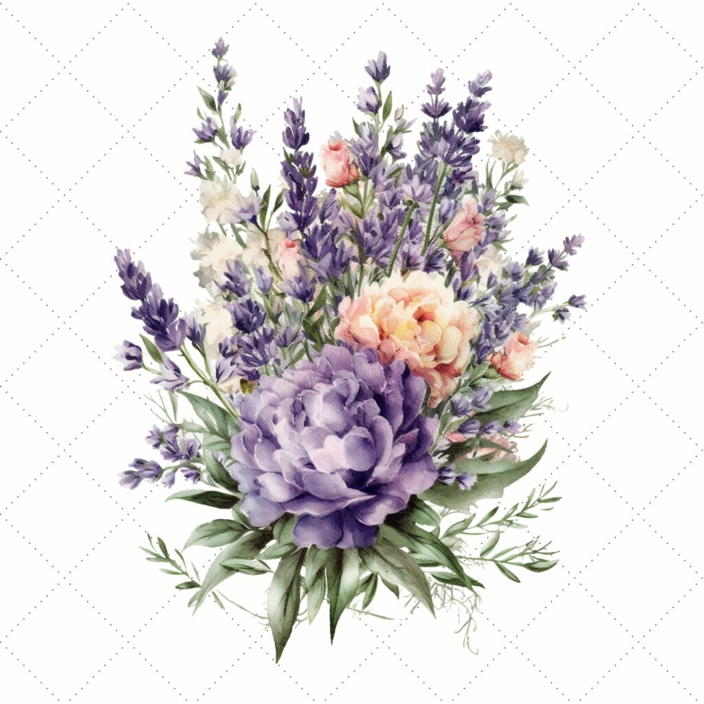 Retro Watercolor Lavender Floral Bouquet Clipart Bundle - MasterBundles