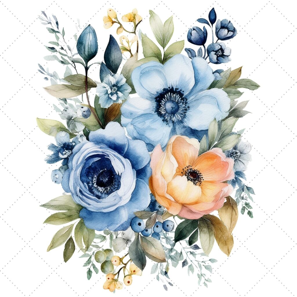 Watercolor Blue Floral Bouquet Clipart Bundle, Blue Floral, Floral ...