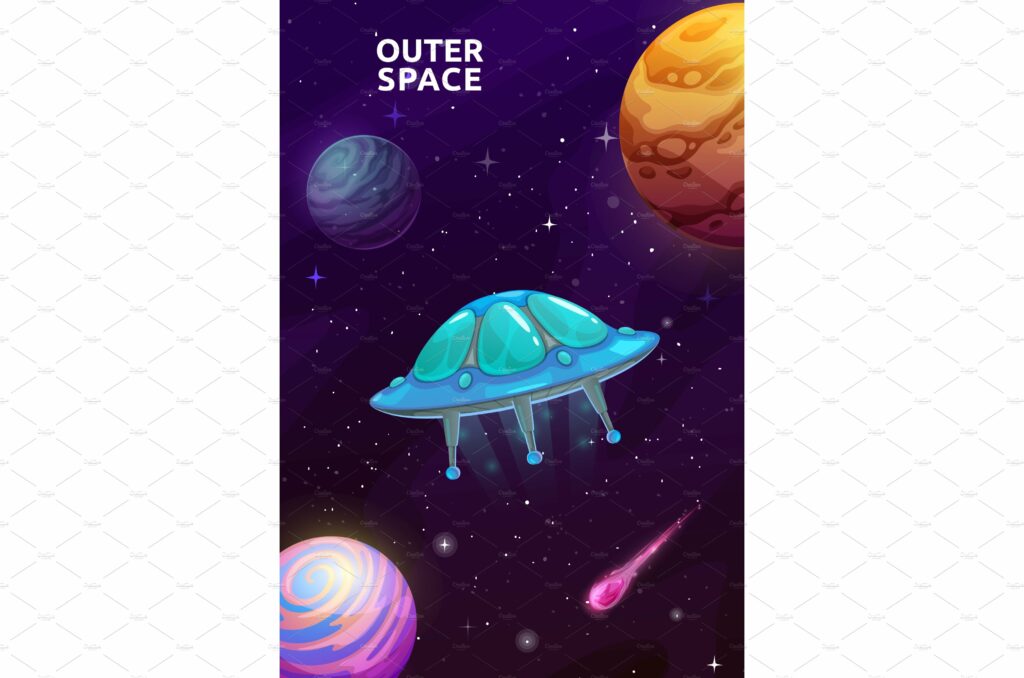 Cartoon UFO in starry galaxy – MasterBundles