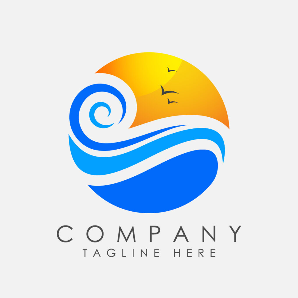 Beach logo design. Sun sunset sunrise with beach ocean sea water logo ...