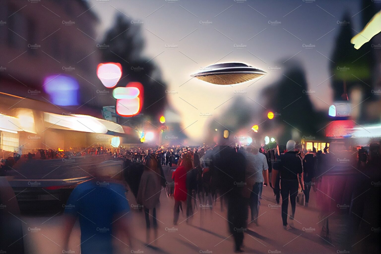 Spacecraft disc hovering over the city streets with people around ...
