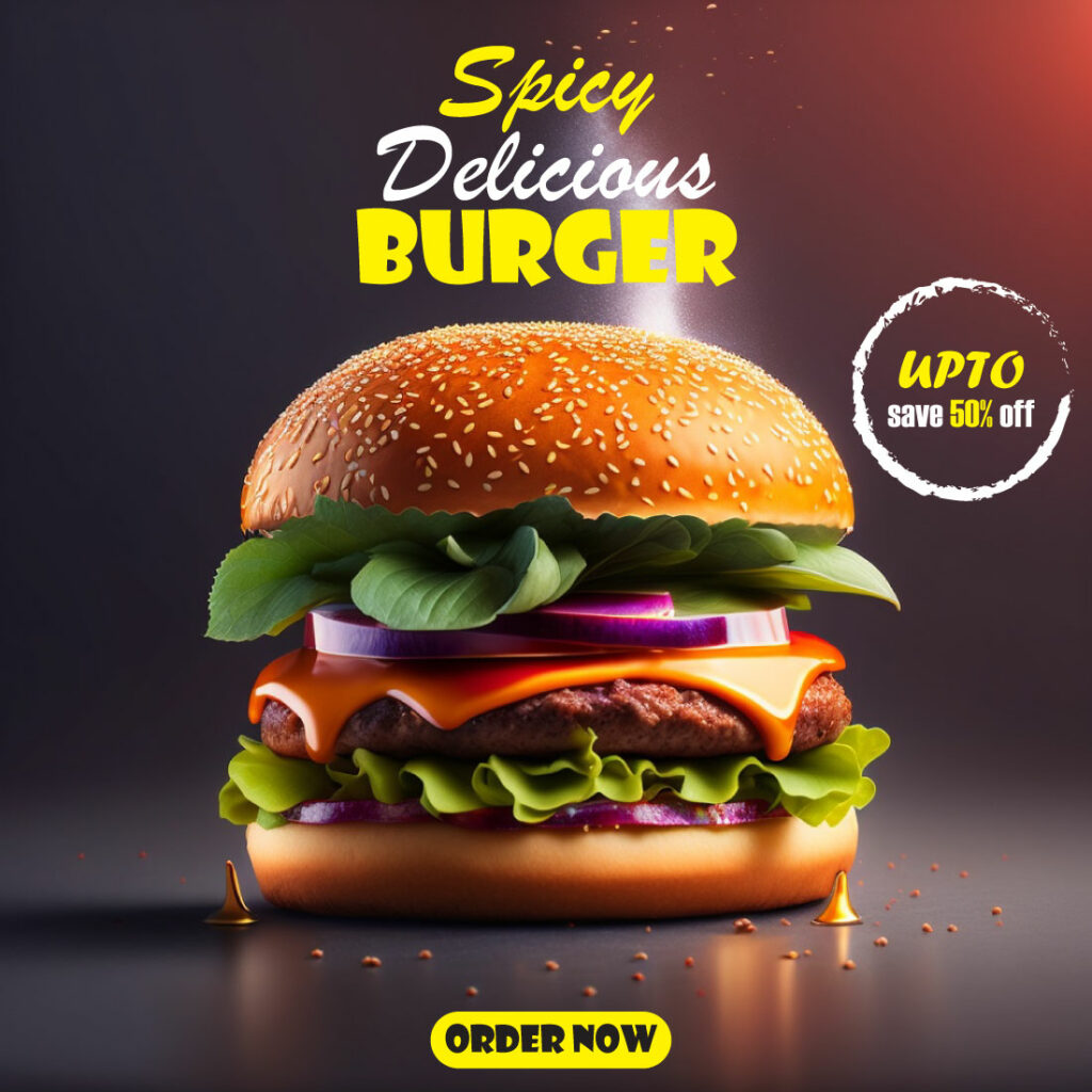 spicy delicious burger food social media post template. - MasterBundles