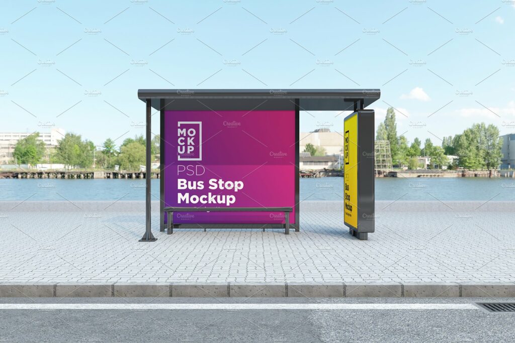 Bus stop Shelter with 2 sing Mockup – MasterBundles