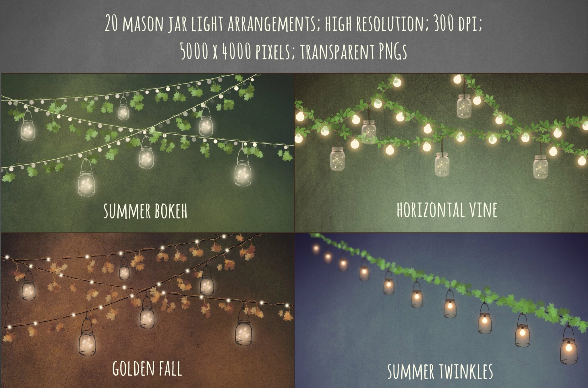 Mason jar lights + vines overlays – MasterBundles