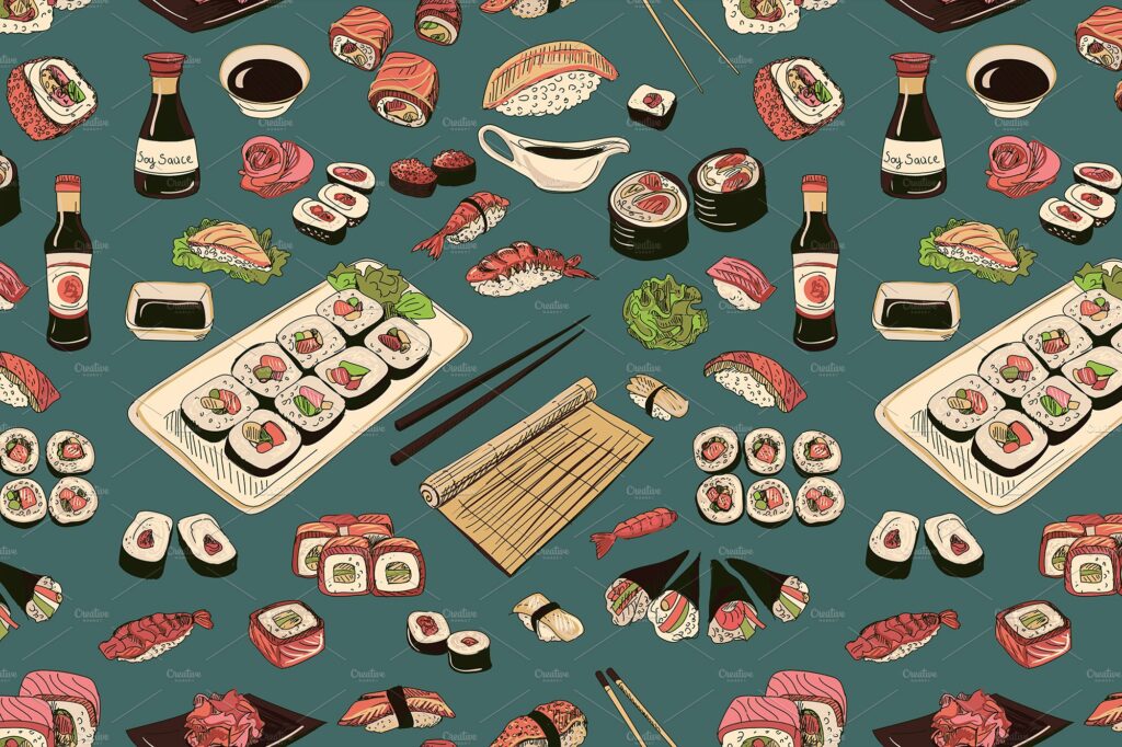 Colored Sushi and rolls pattern – MasterBundles