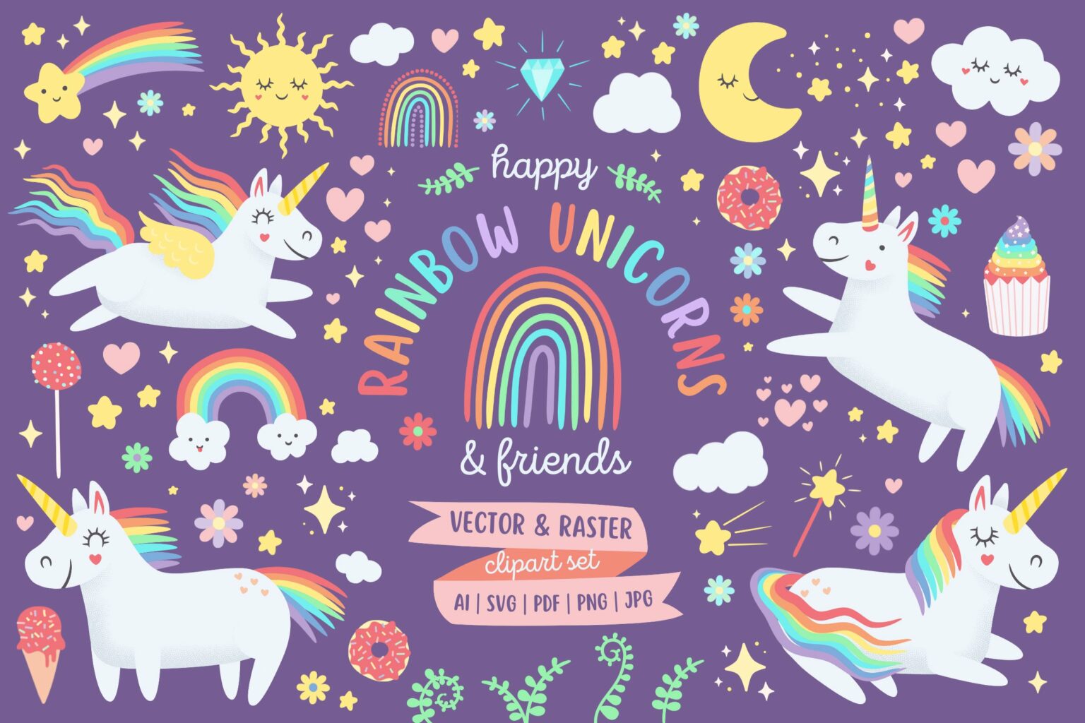 Happy Rainbow Unicorns Clipart Pack – MasterBundles
