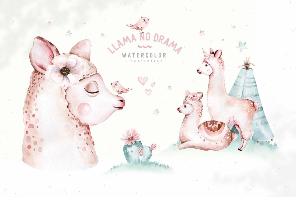 Llama no drama.Watercolor collection – MasterBundles