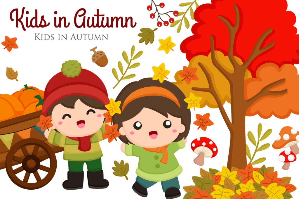 Happy Kids in Autumn Leaves Season Holiday Activity Nature Cartoon ...