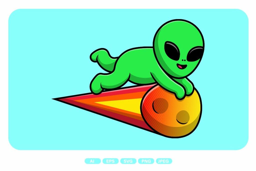 Cute Alien Flying With Meteorite – MasterBundles