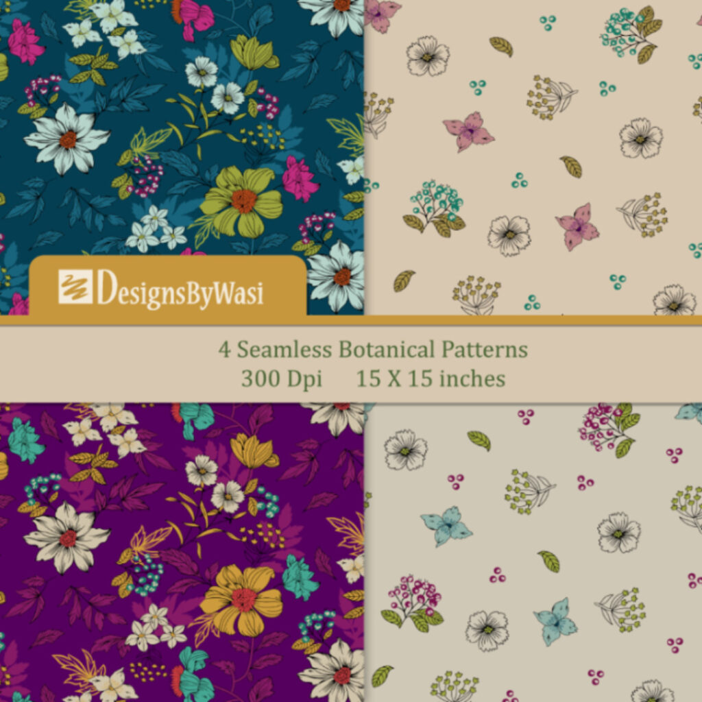 4 Seamless Botanical Patterns - Botanical Surface Patterns - Botanical ...
