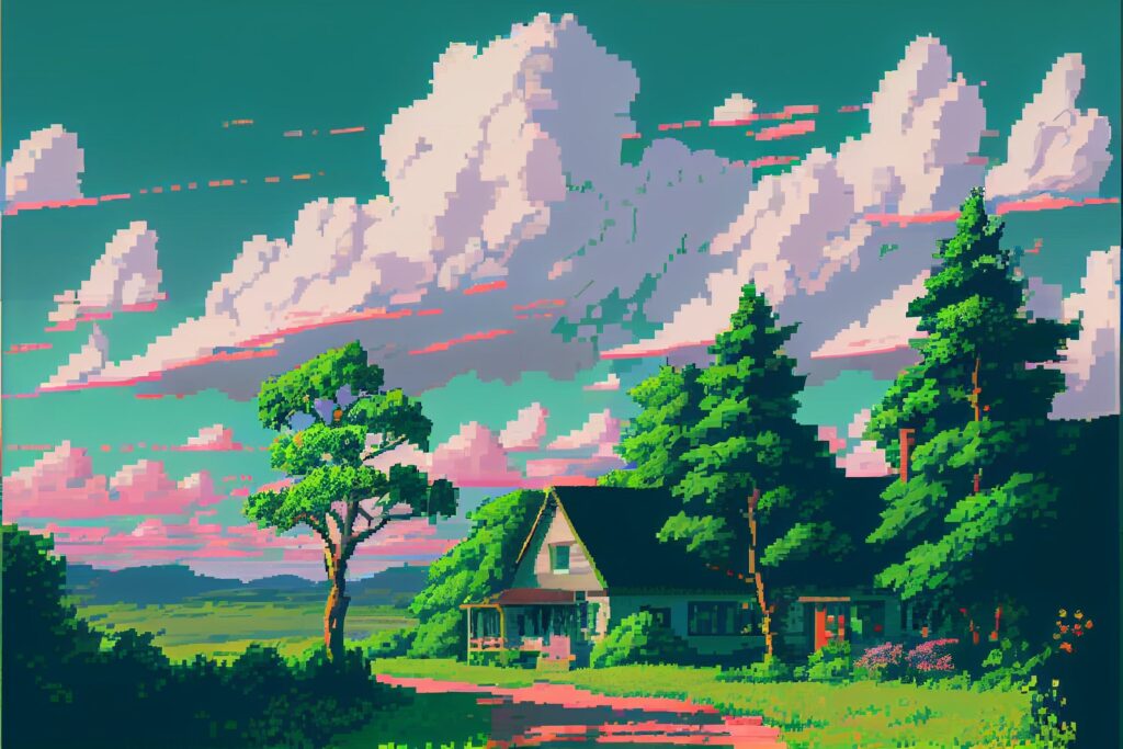 PIxel Cottagecore Landscape Midjourney Prompt - MasterBundles