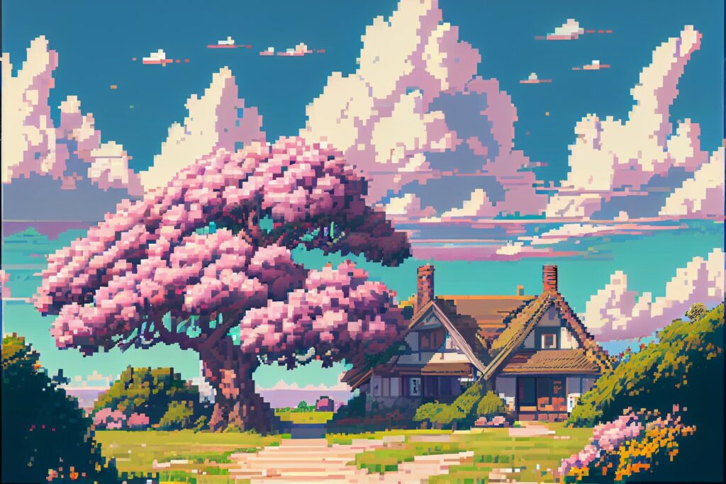 PIxel Cottagecore Landscape Midjourney Prompt - MasterBundles