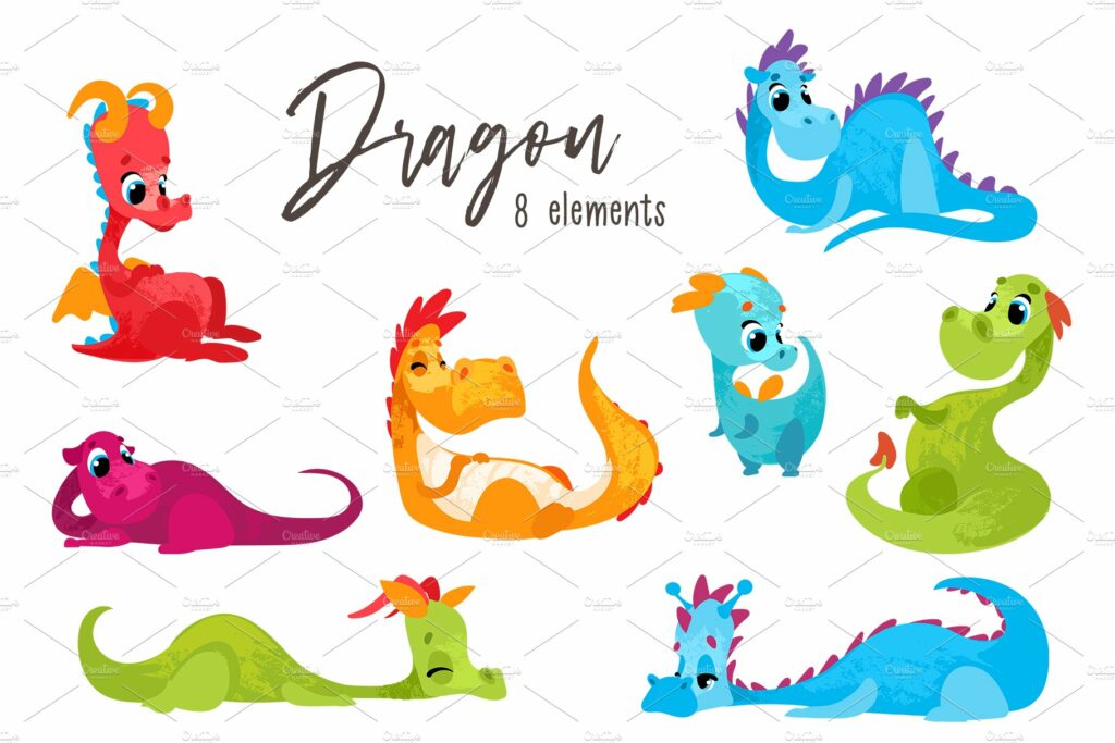 Dragons. Set cartoon fun dragons – MasterBundles