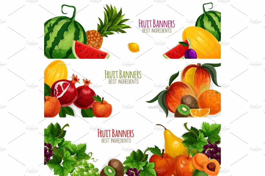 Garden and exoic fruits vector banners set – MasterBundles