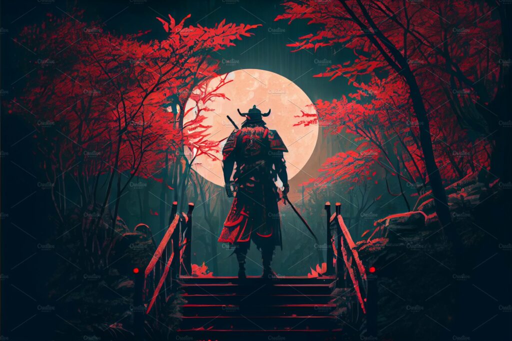 Samurai silhouette of a Japanese warrior samurai against the night ...