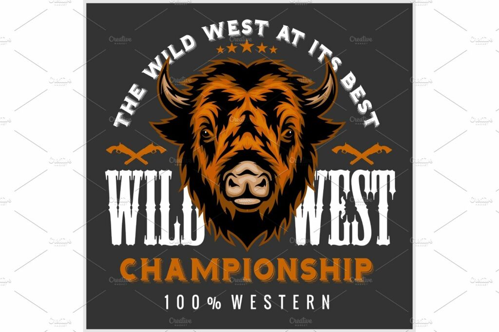 Wild west rodeo - bison head, vintage vector artwork for boy wear ...