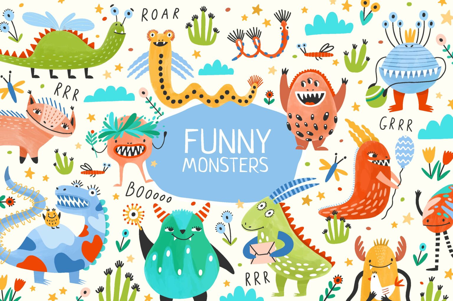 Funny monsters set and seamless – MasterBundles