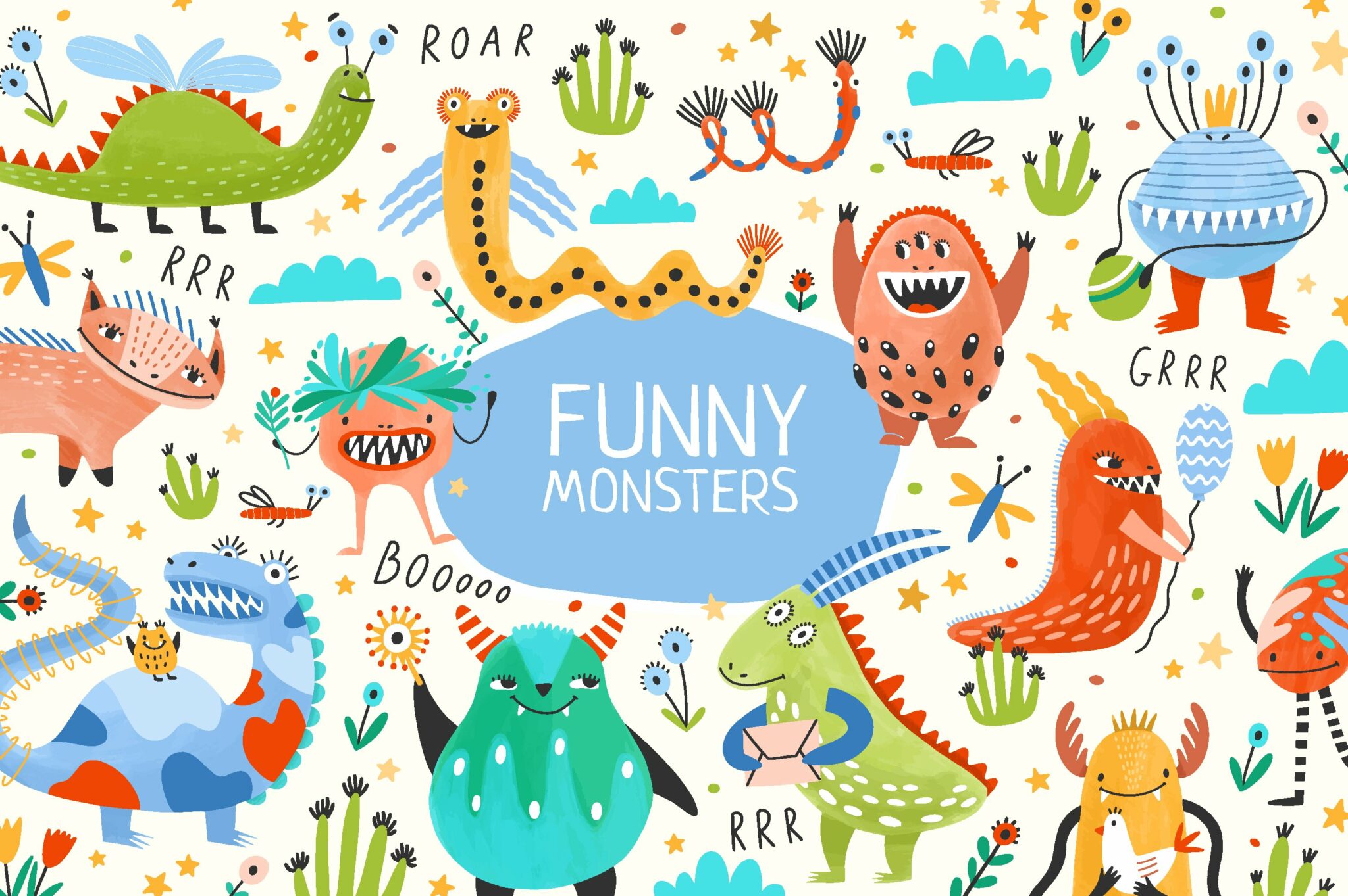 Funny monsters set and seamless – MasterBundles