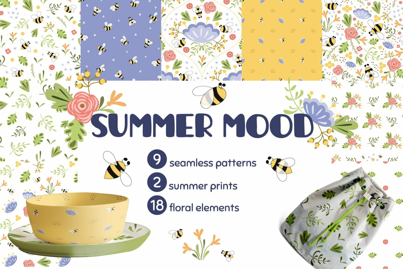 Summer Bee Patterns & Elements – MasterBundles