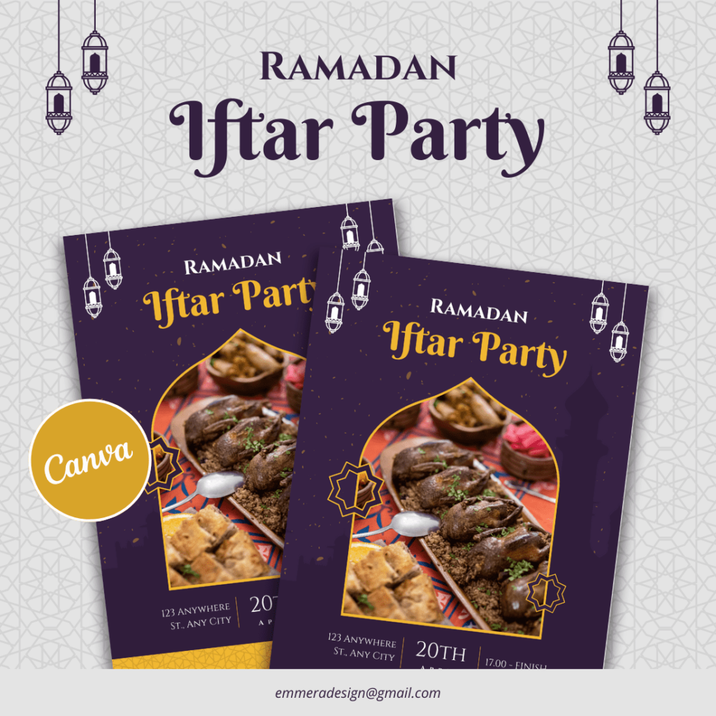 [Design 1] Purple Gold Elegant Ramadan Iftar Party Flyer Canva Template ...