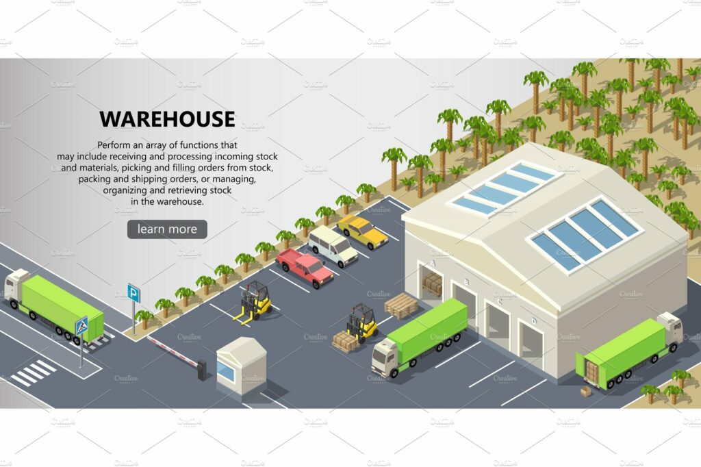 Vector isometric warehouse, delivery – MasterBundles