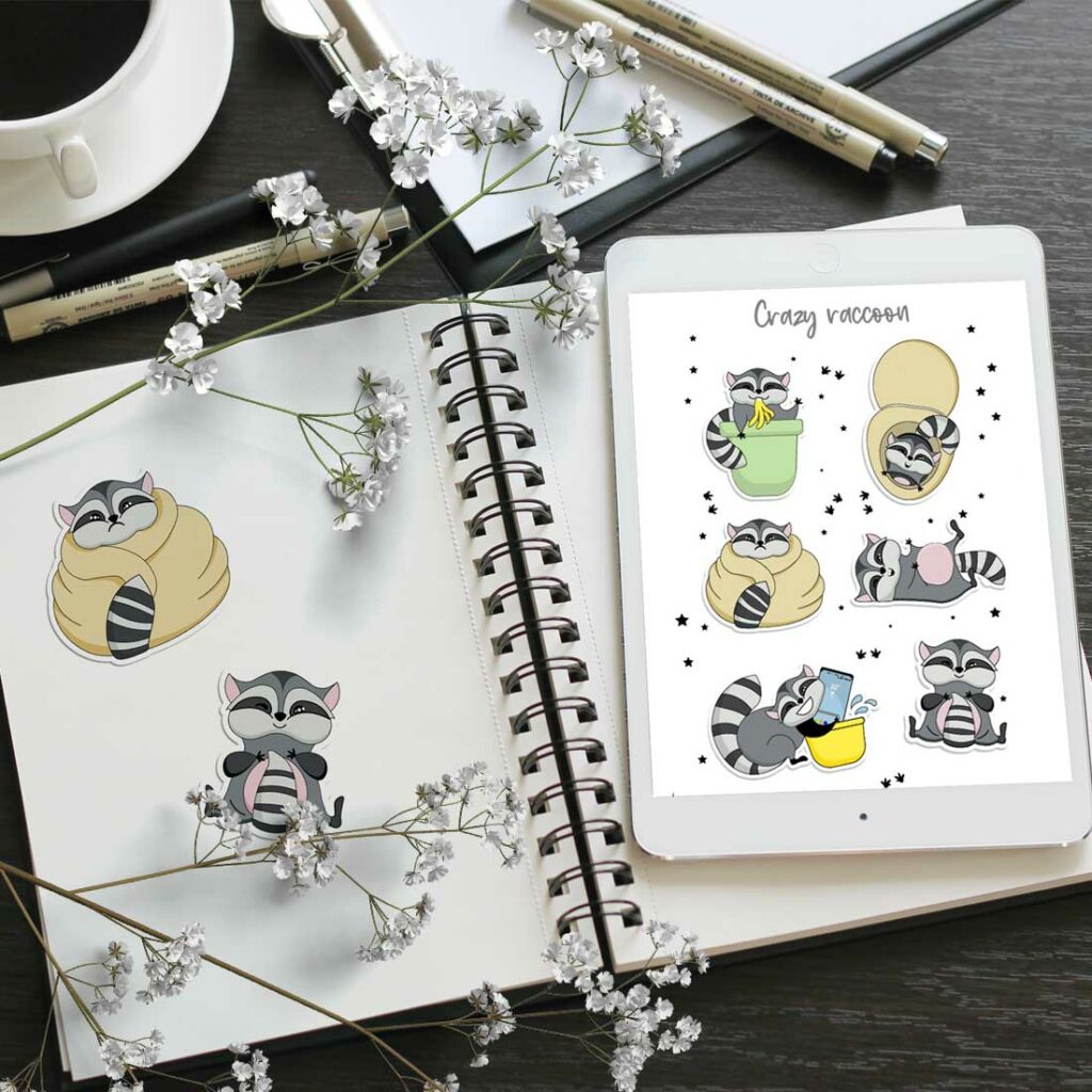Funny Racoon sticker sheet | 6 png stickers design - MasterBundles