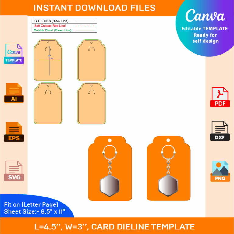 Keychain, Dieline Template, SVG, EPS, PDF, DXF, Ai, PNG, JPEG ...
