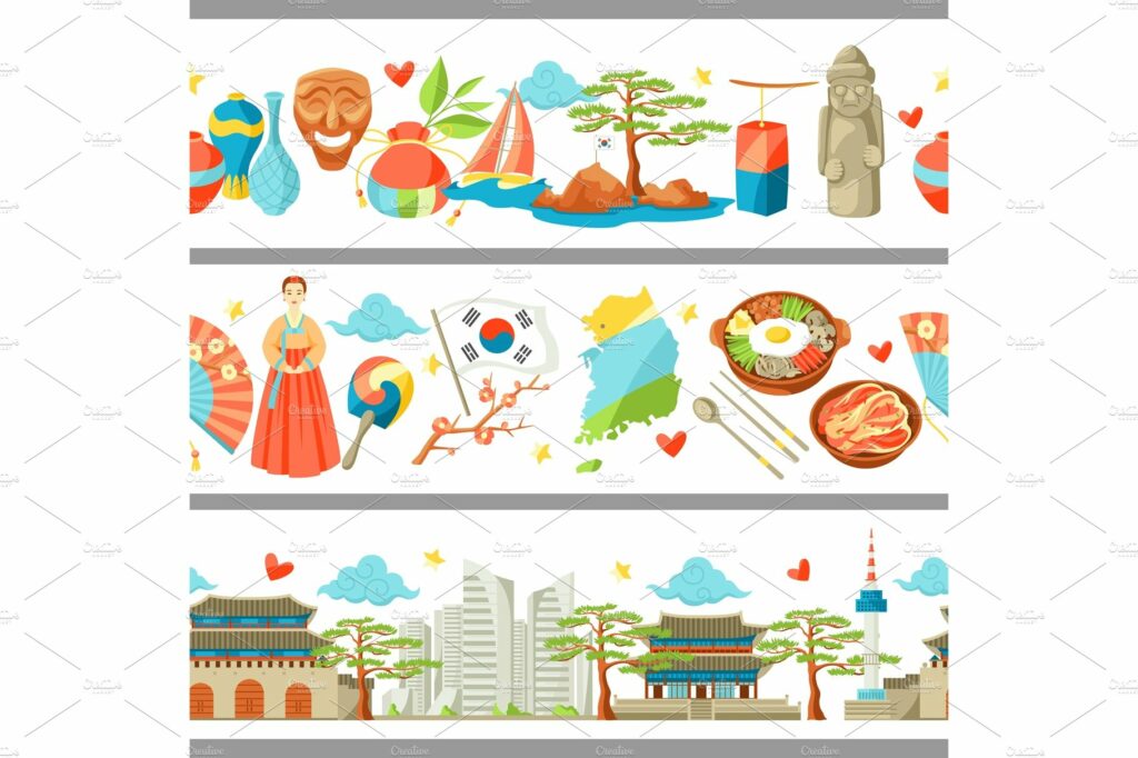 South Korea seamless borders. Korean traditional symbols and objects ...