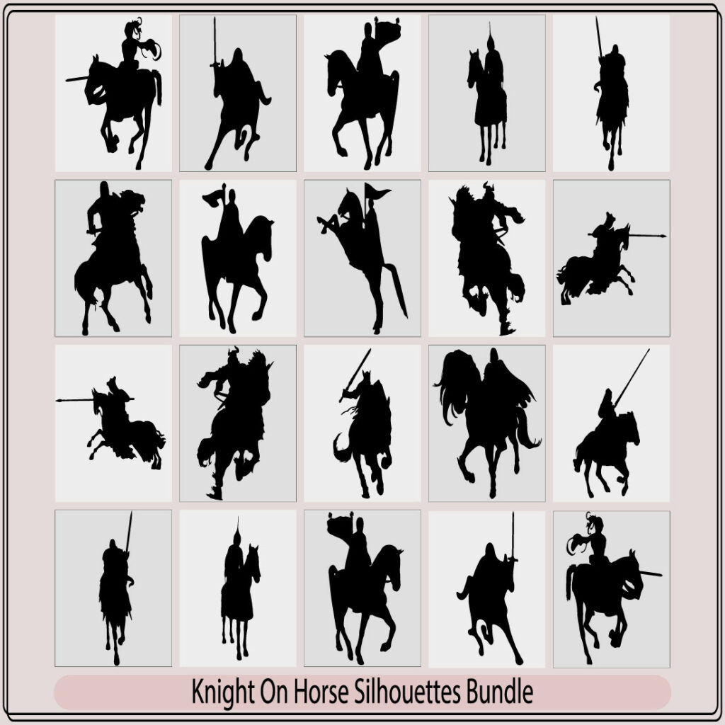 Black silhouette of knight on white background. Detailed image of rider ...