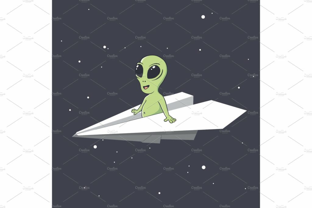 an alien flies on a paper airplane – MasterBundles