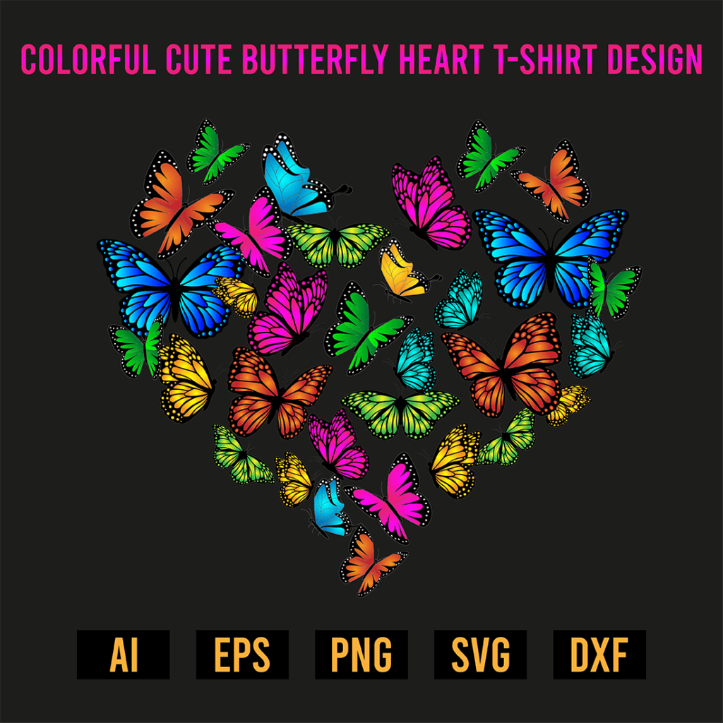 Colorful Cute Butterfly Heart T-Shirt Design - MasterBundles