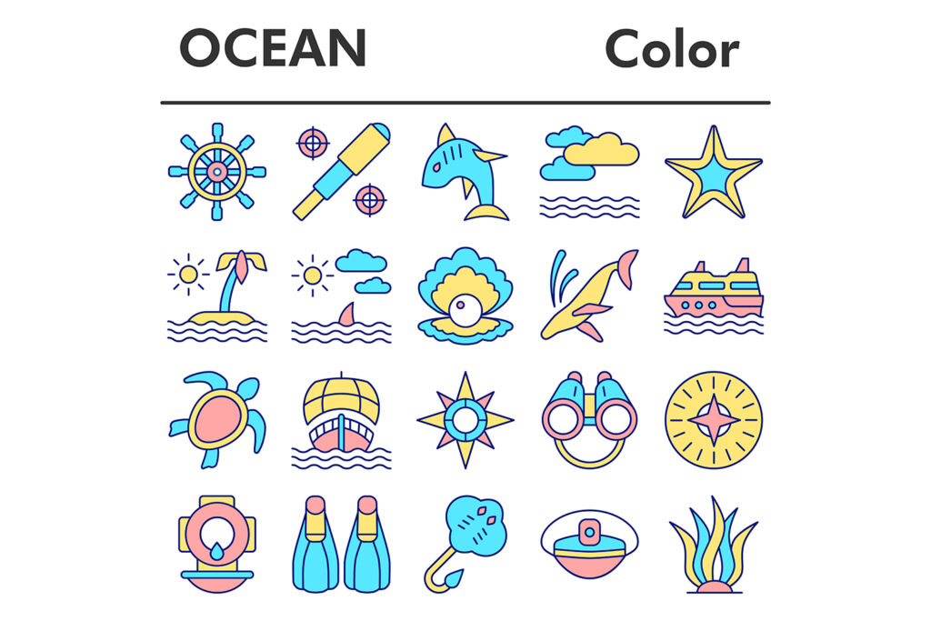 Ocean icons set, color style - MasterBundles