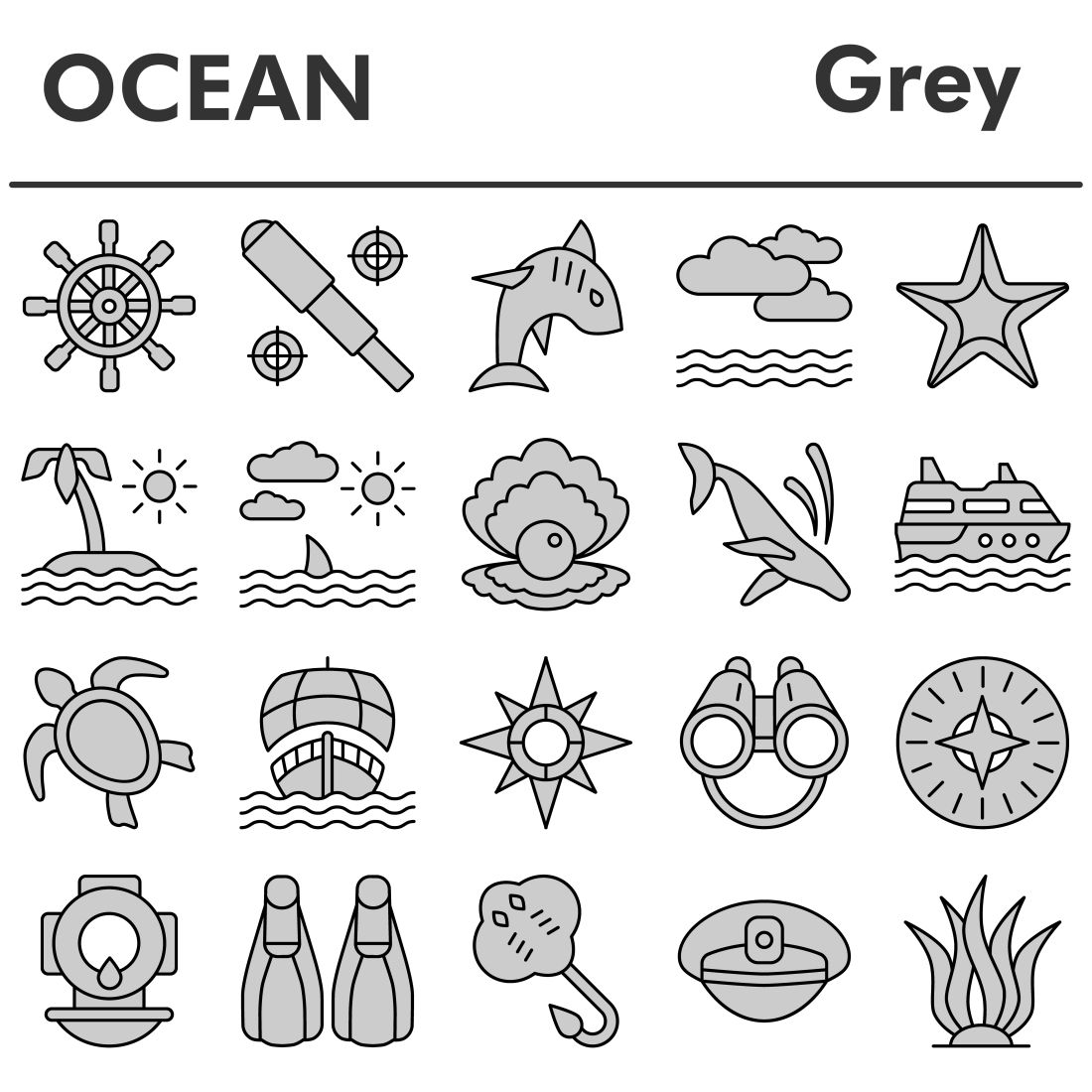 Ocean icons set, gray style - MasterBundles