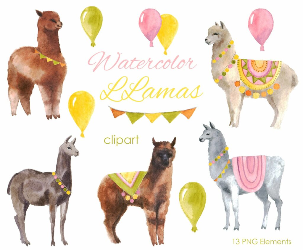 Watercolor Clipart. Llama Summer – MasterBundles