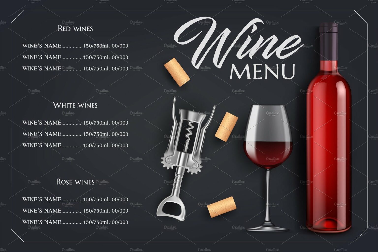 Wine menu list with bottle, glass – MasterBundles