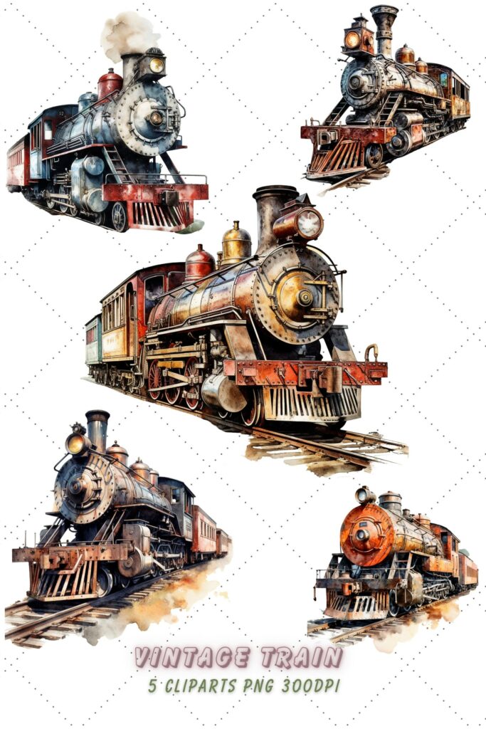 Vintage Train Watercolor Clipart Bundle, Train tracks, Railroad station ...