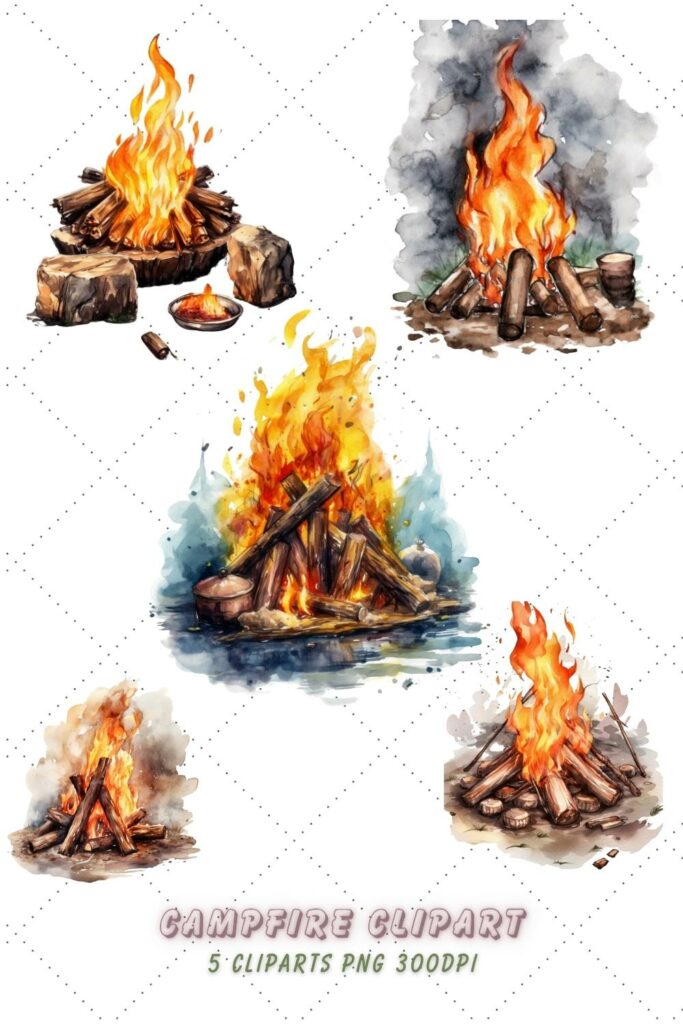 Campfire Watercolor Clipart Bundle, Bonfire Flames, Wood Burning, Forest Camping, Transparent ...