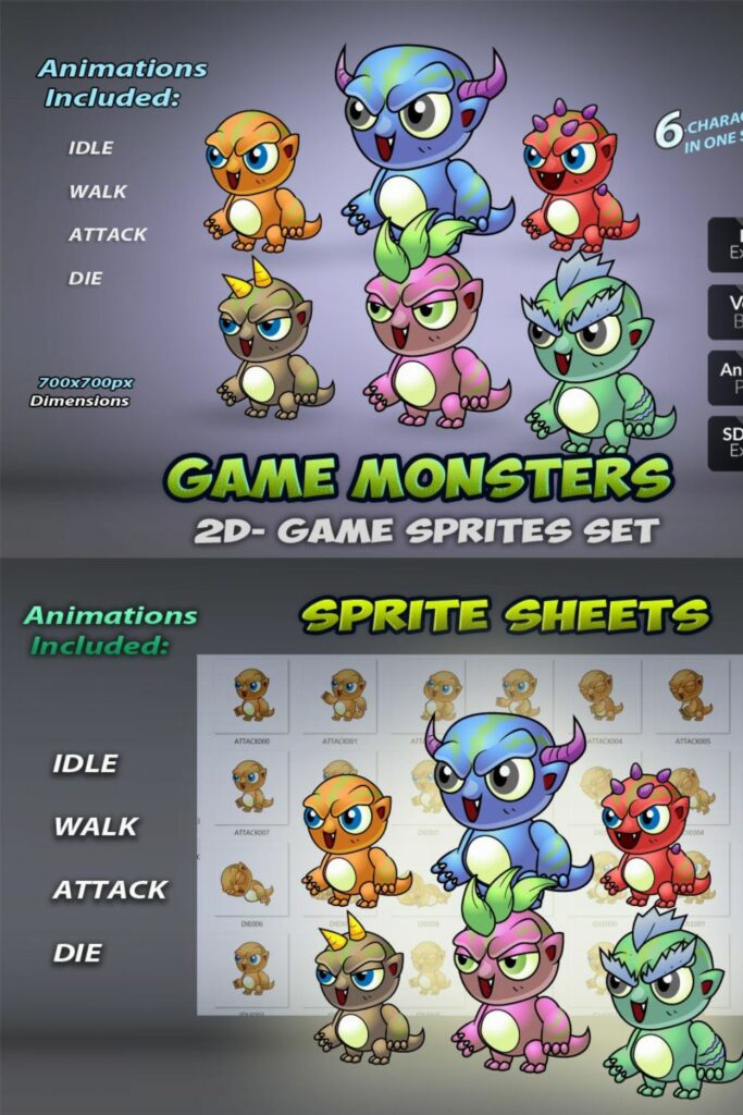 6 Monsters Game Sprites Set – MasterBundles