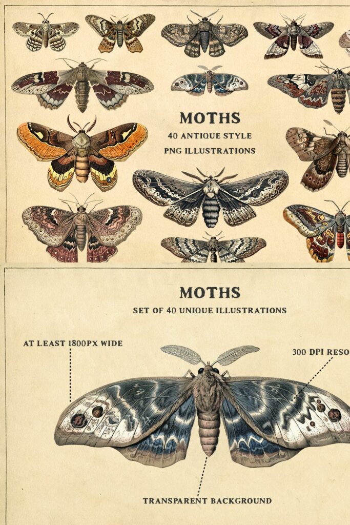 Moths - 40 antique style PNG images – MasterBundles