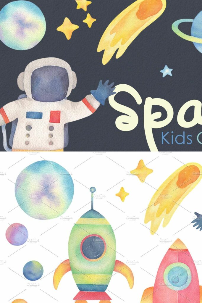Space Rocket Kids Clipart watercolor – MasterBundles