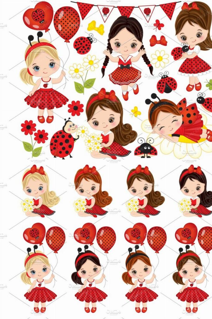 Vector Little Girls, Vector Ladybugs – MasterBundles
