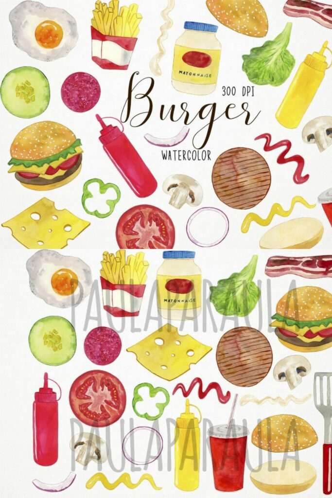 Watercolor Burger Clipart, Bbq – MasterBundles