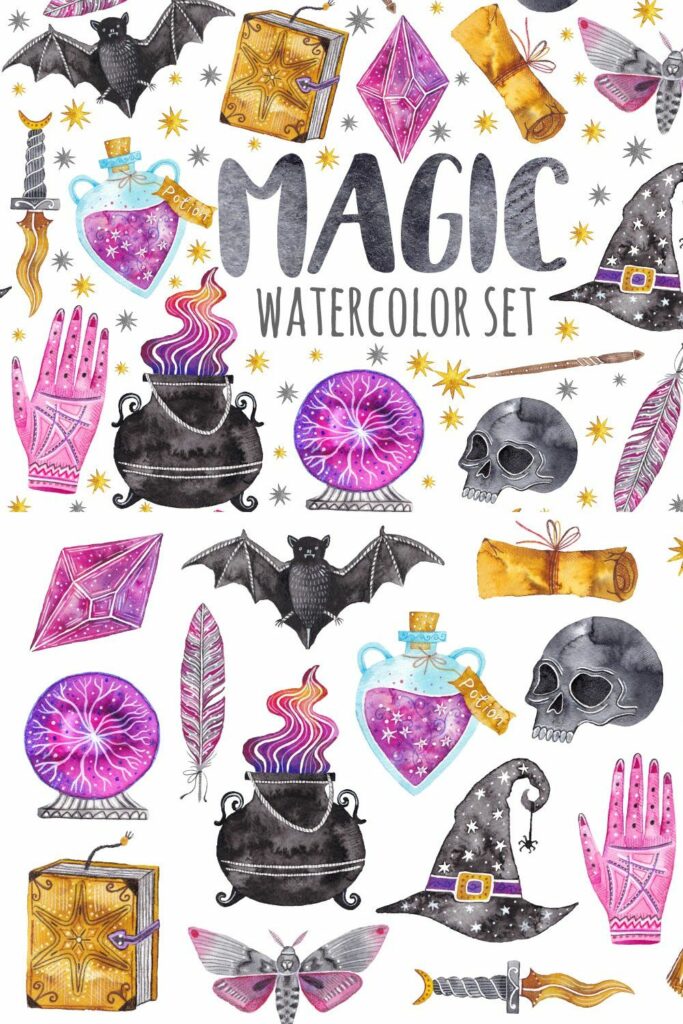 Watercolor magic set. Witchcraft – MasterBundles