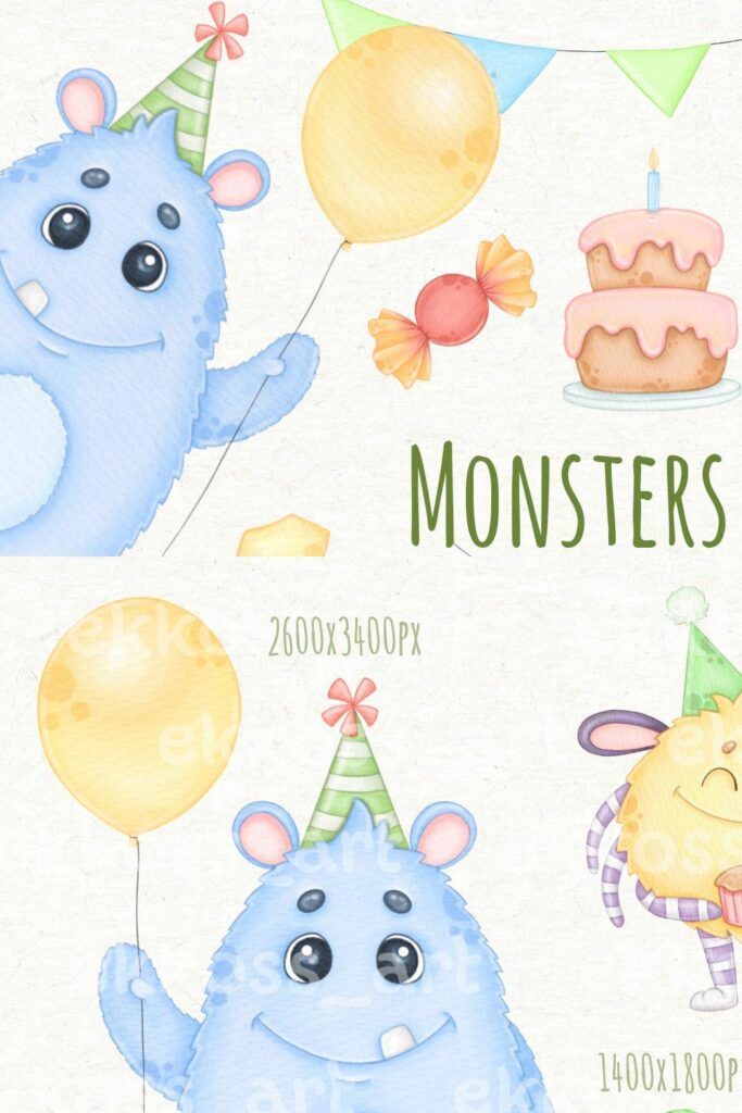 Watercolor Monsters Birthday Clipart – MasterBundles