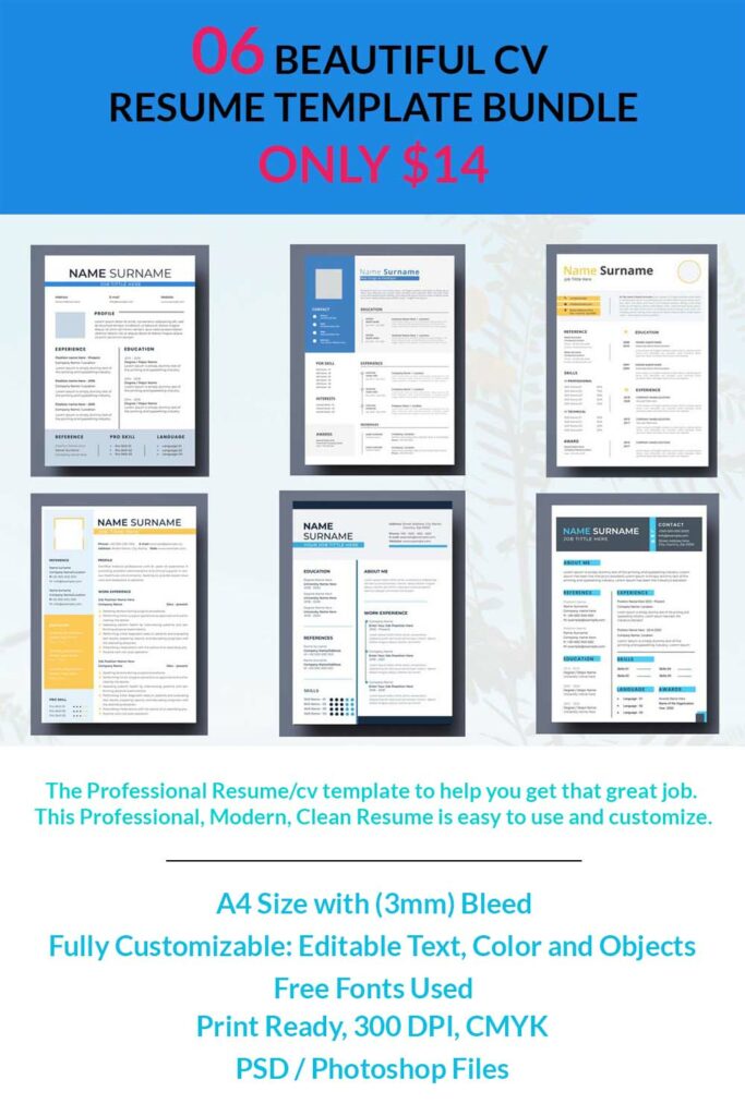 06 BEAUTIFUL CV RESUME TEMPLATE BUNDLE ONLY $14 - MasterBundles