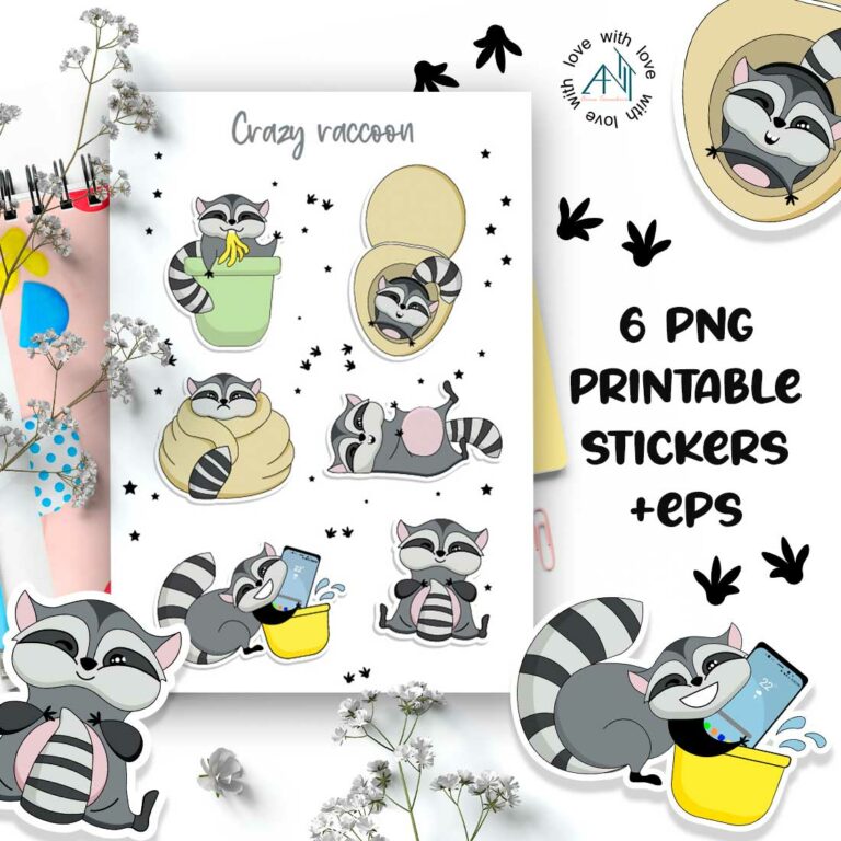 Funny Racoon sticker sheet | 6 png stickers design - MasterBundles