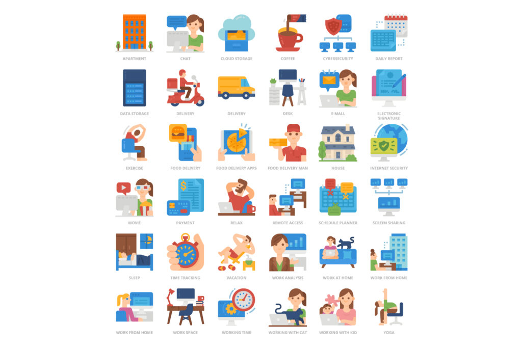 36 Work From Home Icons Set x 4 Styles - MasterBundles