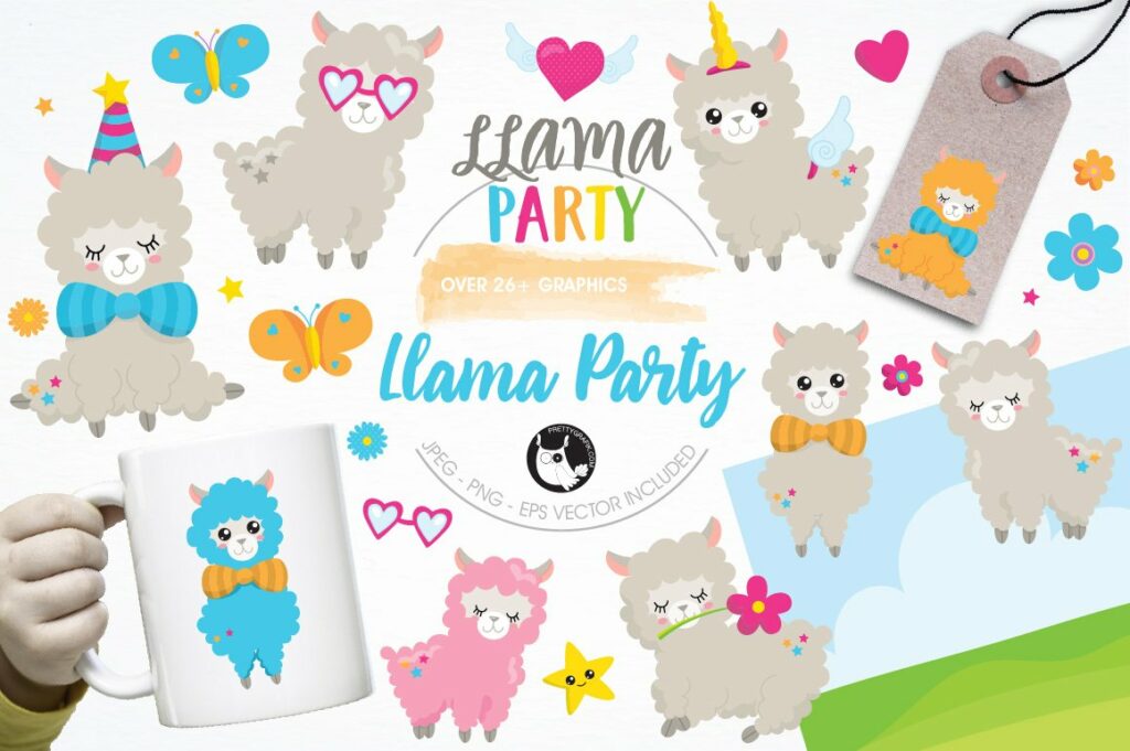 Llama party illustration pack – MasterBundles