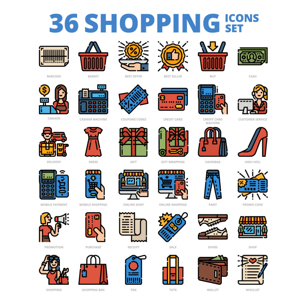 36 Shopping Icons Set x 4 Styles - MasterBundles